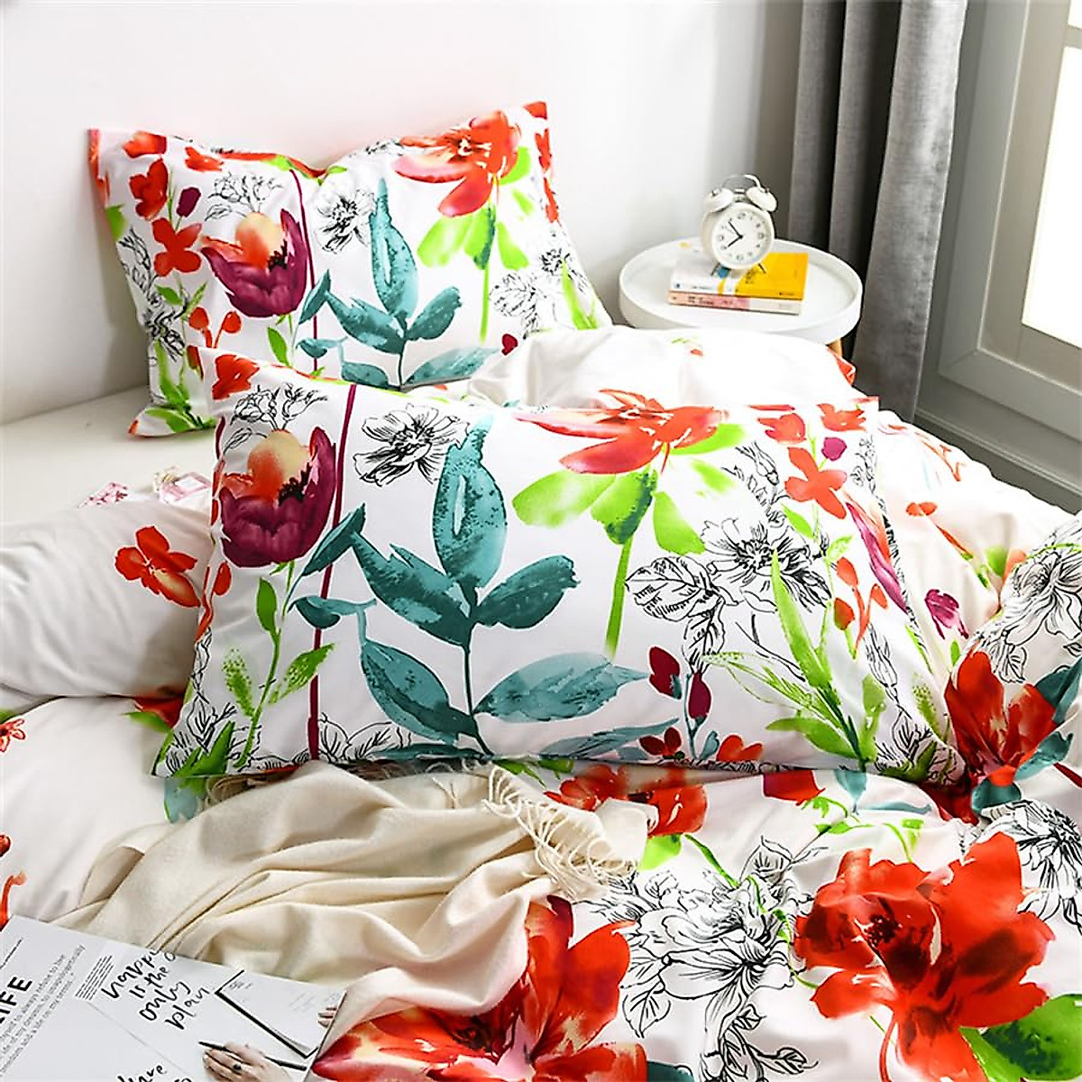 Fire Kirin Floral Duvet Cover Set with Soft Lightweight Microfiber 1 Duvet Cover and 2 Pillowcases, Colorful Flower Pattern Bedding Sets Comforter Cover (King)