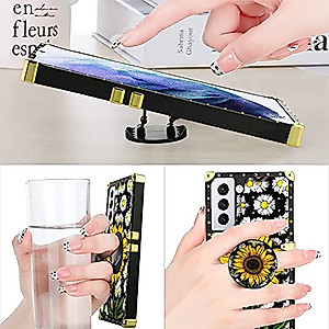 KANGHAR Designed for Samsung Galaxy S21 5G Case Sunflower with Tempered Glass Screen Protector Lanyard Strap Ring Holder Kickstand for Women Girls Flower Daisy Square with Finger Grip Stand 6.2"
