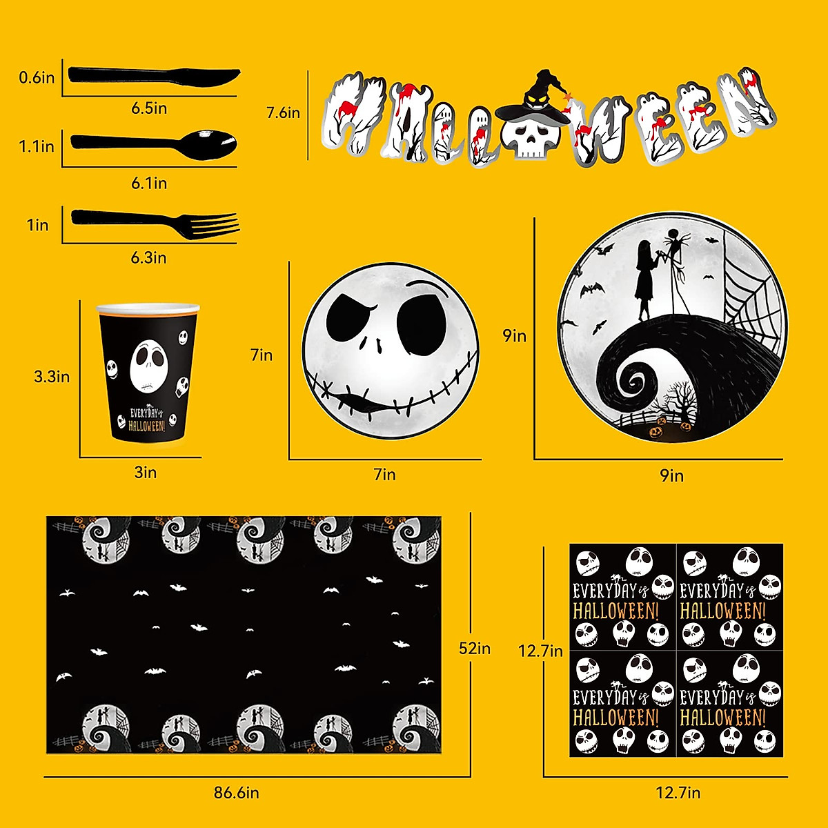 120Pcs Nightmare Birthday Christmas Party Supplies Set Before Christmas Party Holiday Decorations Tableware Set with Dinner Plates,Cake Plates, Napkins, Tablecloth,Serves 10