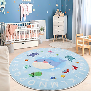 Soft Round ABC Rug for Kids Room,5.2 ft Washable Circle Nursery Rug,Non-Slip Whale Alphabet Baby Kids Rug Carpet for Nursery Playroom Bedroom Kids Room Decor