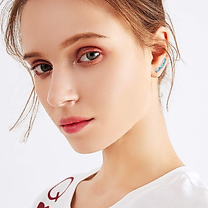 WINNICACA Ear Crawler Climber Earrings Sterling Silver Created Blue Fire Opal Slender Small Bar Stud Earrings Gifts for Women