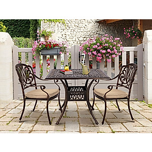 2 Piece Outdoor Dining Chairs, Cast Aluminum Dining Chairs Set of 2, Patio Bistro Chairs Set with Cushions for Patios, Gardens, Pools, Terraces (Flower Design with Khaki Cushion)