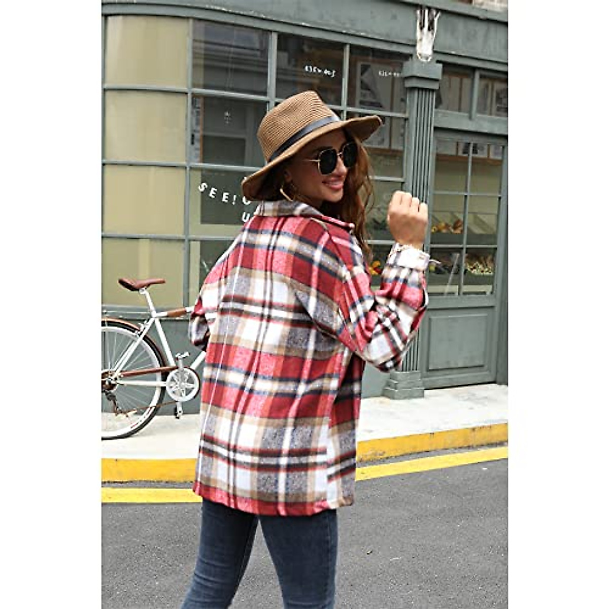 Women Classic Flannel Plaid Jacket Button Down Boyfriend Long Sleeve Lapel Shirts Casual Blouses Tops (Red, Small)