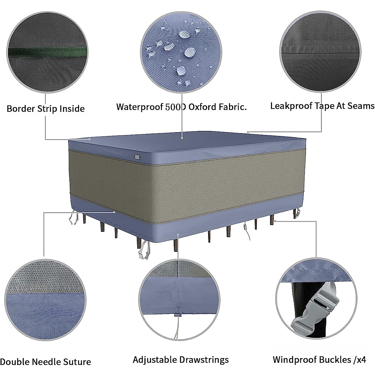 Garden Balsam Waterproof Rectangular Patio Table and Chair Cover Blue Grey 128" L X 82" D X 28" H Outdoor General Purpose Furniture Covers Patio Furniture Set Cover