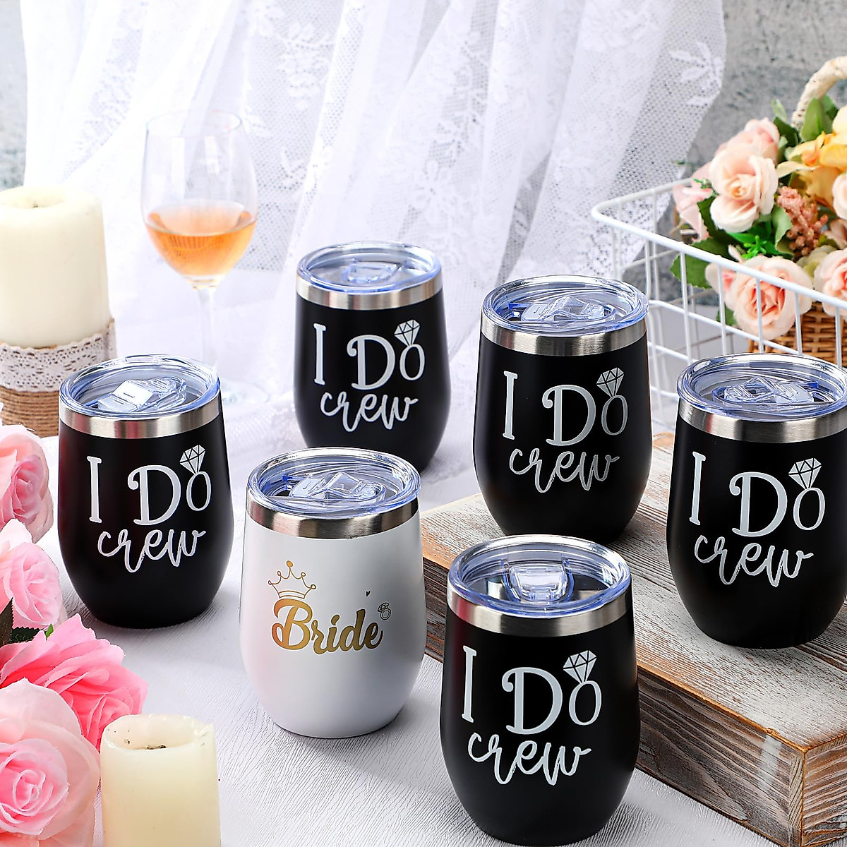 Sunnychicc 6 Pcs Bridesmaid Wine Tumblers I Do Crew and Bride Bachelorette Party Tumbler Bridal Party Proposal Gifts 12oz Tumbler Bachelorette Gifts for Bridal Bridesmaids(White and Black)