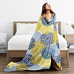 Abucaky Blue Yellow Navy Chrysanthemum Flowers Fleece Throw Blanket Ultra Soft Cozy Decorative Flannel Blanket All Season for Home Bed Couch Chair Travel 80x60in