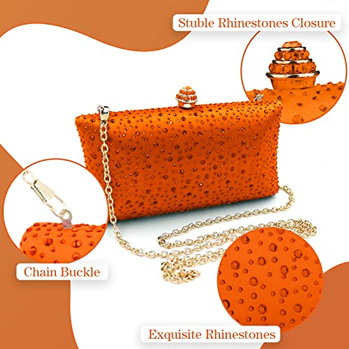 Women Handbags Rhinestone Evening Bags Party Purse Prom Wedding Bride Crystal Party Clutches Bag with Chain (Orange)