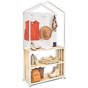 3 Tiered Shelving Display with Iron Frame, Pegboard Panel Shelving Unit, Paulownia Wood - Ivory