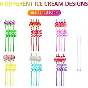 Reusable Ice Cream Straws Party Favors Supplies,24Pcs Plastic Cupcake Fun Cute Long Crazy Silly Spiral Drinking Straws for Kids Birthday Hawaiian Beach Cocktail Luau Party Decorations 1 Cleaning Brush