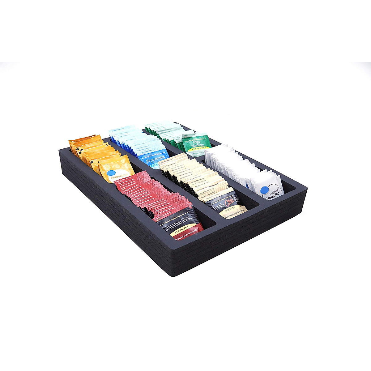 Polar Whale Tea Bag Storage Deluxe Organizer Tray Drawer Bin Insert for Kitchen Home Office Condiments Packets Waterproof Washable Black Foam 6 Compartment 11.9 X 15.9 Inches