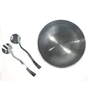 3pc Hammered Salad Bowl with 2 Serving Utensils - Complete With Matching Oversized Spoon and Fork - Use as a Salad Bowl, Fruit Bowl or Even for Pasta - Elegant and Stylish Serving Bowl