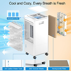 Portable Air Conditioners, 3-IN-1 Evaporative Air Cooler, Swamp Coolers w/ 3 Ice Pack, 1.85 Gal Water Tank, 4 Modes, 80° Oscillation, 7H Timer, Portable Ac for Bedroom, Room, Indoor White Black