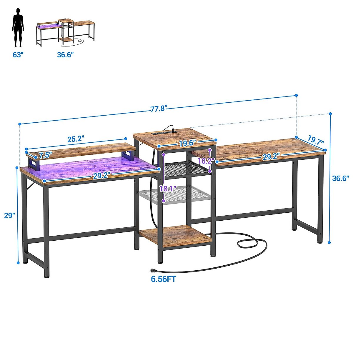 Unikito Double Computer Desk with LED Strip and Power Outlet, 2 Person Desk with Monitor Stand and Storage, Ergonomic Computer Desk with Printer Stand for Home Office, Long Gaming desk, Rustic Brown