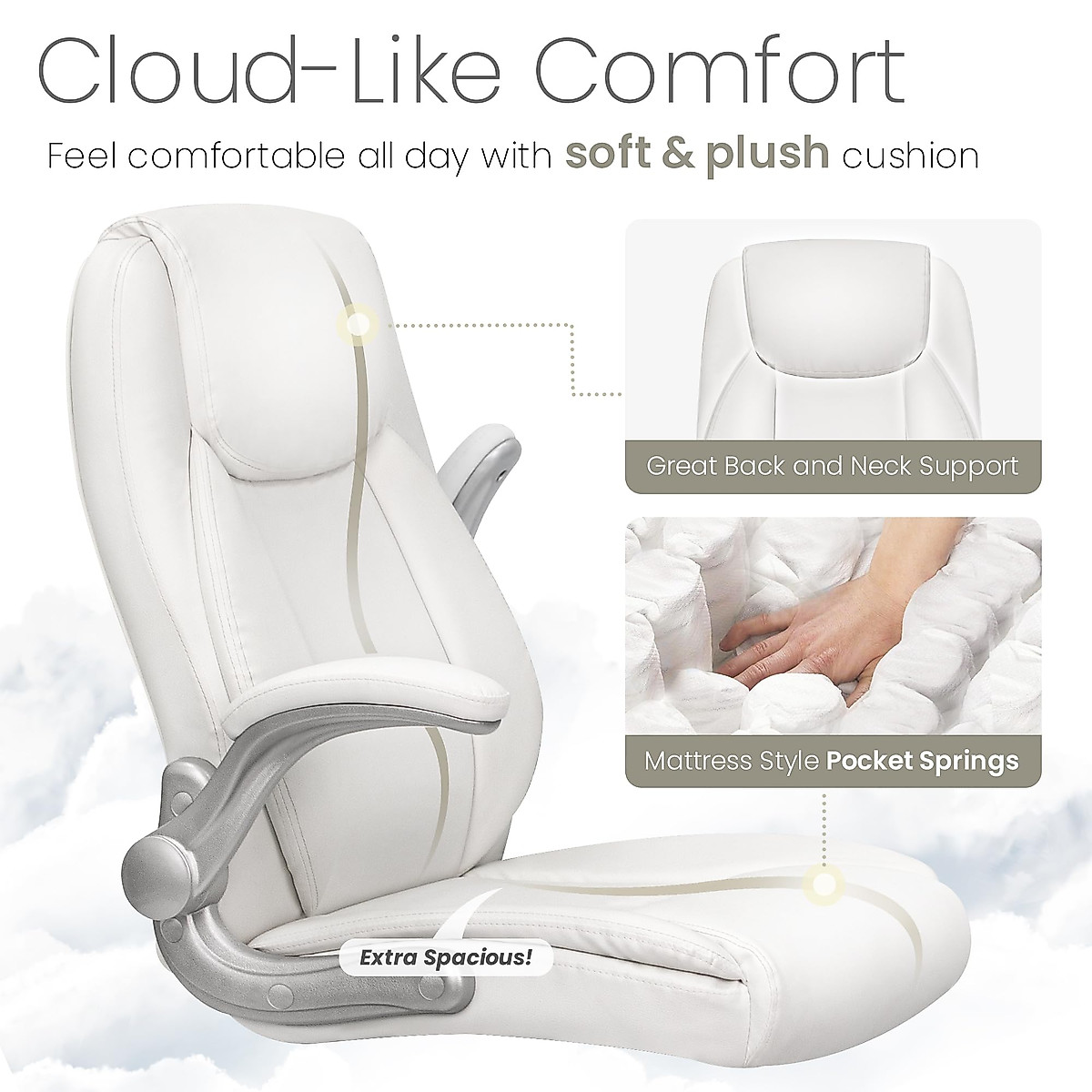 NEO CHAIR Ergonomic Office Chair PU Leather Executive Chair Padded Flip Up Armrest Computer Chair Adjustable Height High Back Lumbar Support Wheels Swivel for Gaming Desk Chair (White)