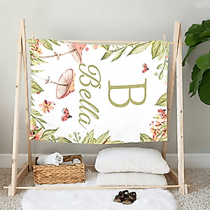 Leaves Mushroom Ladybird Personalized Monogramed Baby Shower Blanket for Baby Girl Boy, Custom Name Soft Warm Newborn Throw Blanket 30X40 in