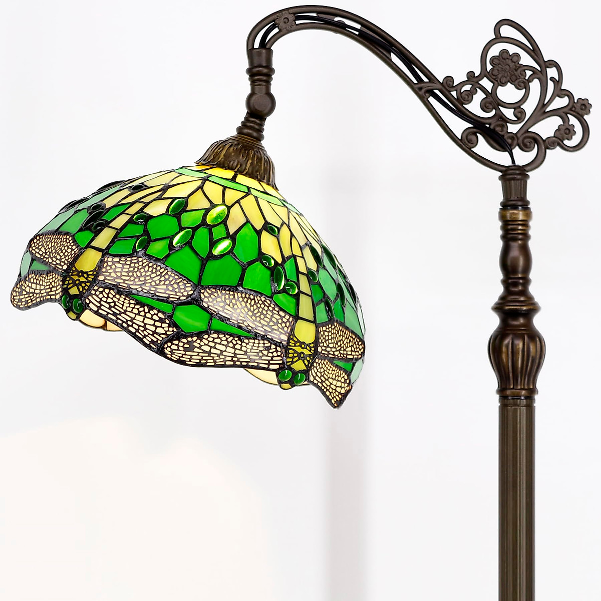 WERFACTORY Tiffany Floor Lamp Green Stained Glass Dragonfly Arched Lamp 12X18X64 Inches Gooseneck Adjustable Corner Standing Reading Light Decor Bedroom Living Room S459 Series