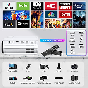 Full HD WiFi Bluetooth Projector Built in DVD Player, 8000LM 1080P Supported, Portable Mini DVD Projector for Outdoor Movies, 250" Home Theater, Compatible with iOS/Android/TV Stick/PS4/HDMI/USB/TF