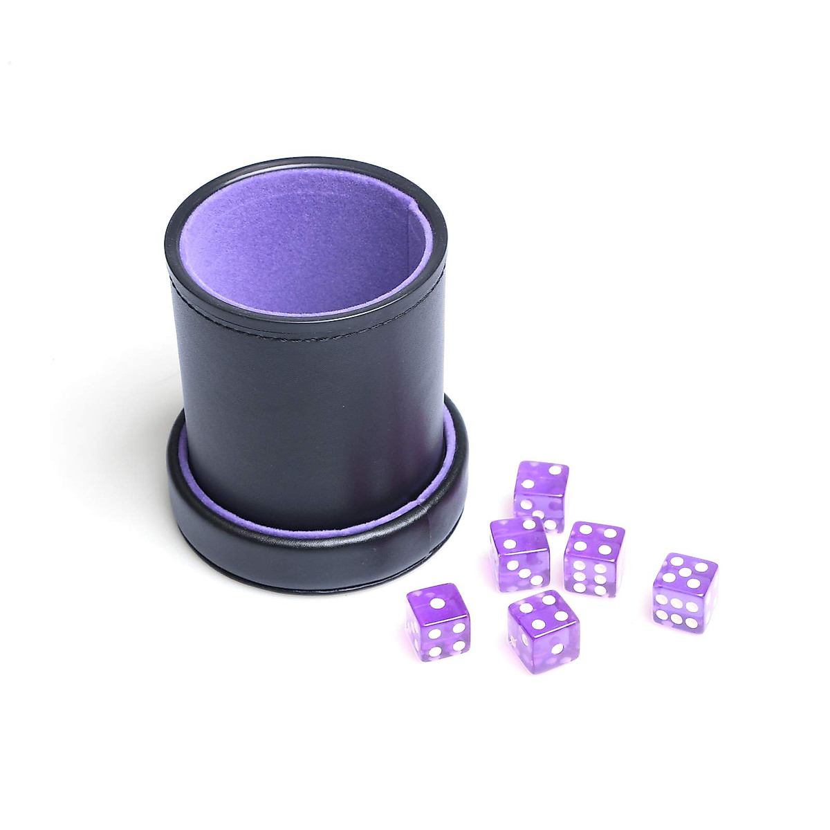 PU Leather Dice Cup with Lid/ Cap, Felt-Lined Dice Shaker Includes 6 Six-Sided Dice for Liars Dice/ Farkle/ Yahtzee/ Board Games