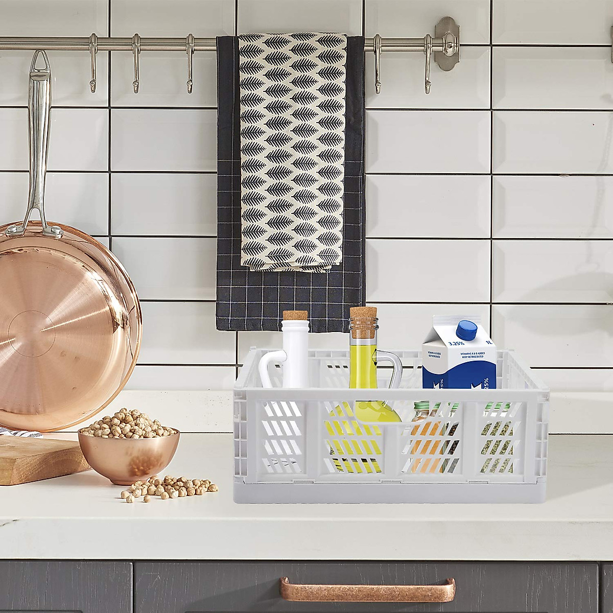 4-Pack Folding Storage Boxes Crate Collapsible Plastic Drawer Organizer , Stackable Shelf Storage Basket Food Fruit Vegetables Bottles Toy Organiser Baskets for Home Office Bedroom Kitchen -White