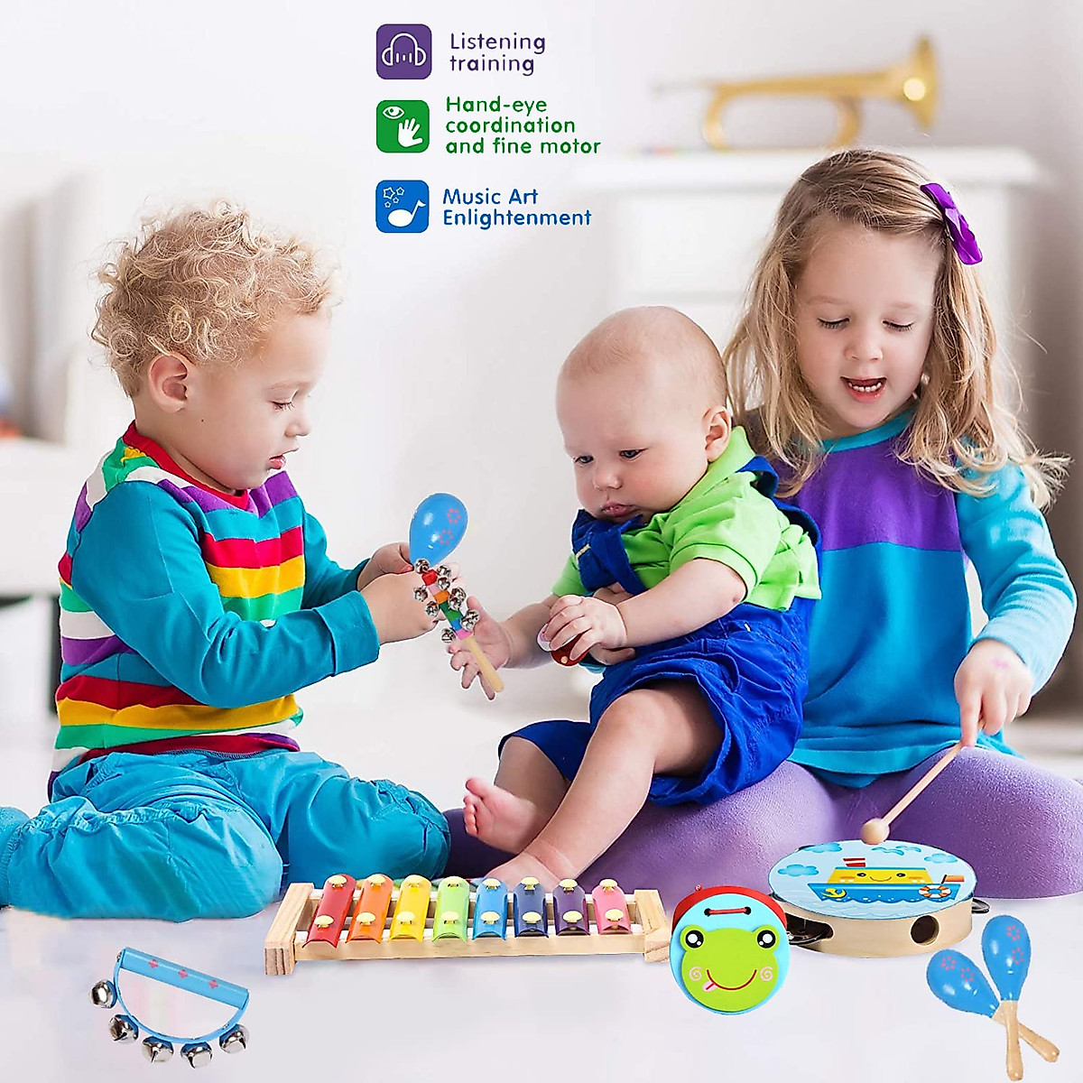 Kids Musical Instruments Sets, 12pcs Wooden Percussion Instruments Toys Tambourine Xylophone for Kids Playing Preschool Education, Early Learning Musical Toys for Boys and Girls Gift