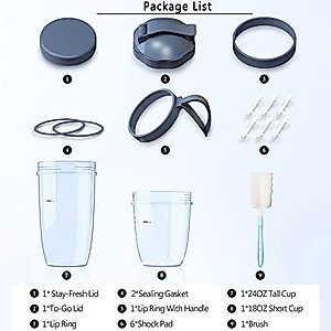 15 Piece Replacement Cup Set 24 OZ Tall Cup&18 OZ Short Cup with Handed Lip Ring and Flip-Top To-Go Lid and Stay-Fresh Resealable Lid Compatible with NutriBullet 600w and Pro 900w Blender Parts