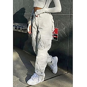 High Waisted Cargo Jeans for Women Straight Wide Leg Y2k Streetwear Cargo Pants Baggy Boyfriend Denim Pants with Pockets Beige White