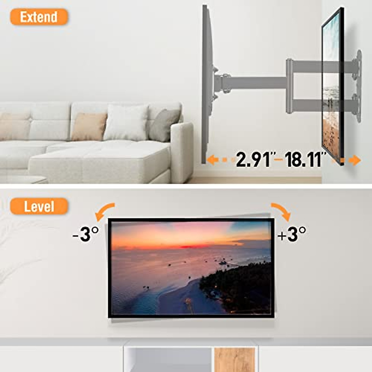 ELIVED Full Motion TV Wall Mount for Most 26-55 Inch Flat Curved TVs Up to 77 lbs, Swivel and Tilt TV Bracket with Articulating Arms, Perfect Center Single Stud Corner TV Mount, Max VESA 400x400mm