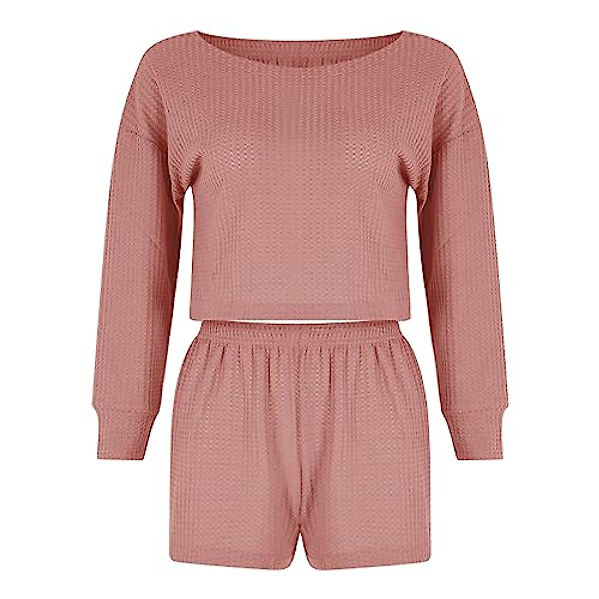 HGps8w 2 Piece Outfits for Women's Waffle Knit Long Sleeve Top and Shorts Pullover Nightwear Lounge Pajama Set with Pockets