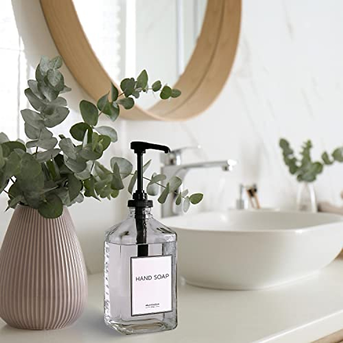 eBun® 37oz Mouthwash Pump Dispenser Black - Bathroom Hand Soap Dispenser Set Glass, Dish Soap Dispenser for Kitchen Sink, Bathroom Essential, Holder Decanter with Cup, Kids Mouthwash Pump Bottle