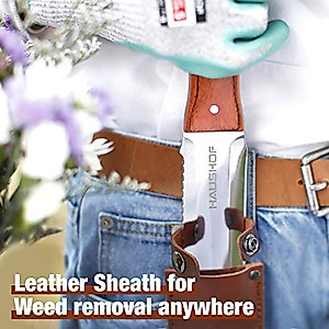 HAUSHOF Hori Hori Garden Knife 7”Stainless Steel Serrated Blade with Cutting Edge, Gardening Tool with Leather Sheath for Weeding, Planting, Digging, Wood Handle with Hanging Hole