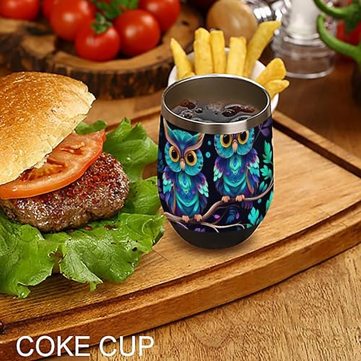 304 Stainless Steel Purple And Green Owl Printed Eggshell Thermos Cup with Switchable Drinking Spout