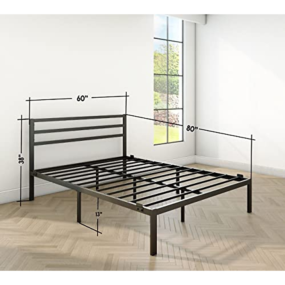 AMBEE21 Modern Queen Platform Metal Bed Frame with Headboard, Black Heavy Duty Iron Metal Bed Frame, Sturdy Mattress Support, Under Bed Storage, Steel Slat Support
