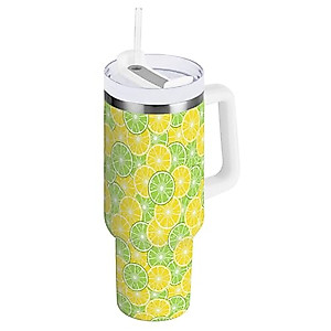 Wfrish Tumbler with Handle and Straw Lid,Round Slices Lime Lemon Yellow Green 40 oz Insulated Coffee Cup Stainless Steel Fruit Water Bottle Travel Mug Cupholder Friendly,Gifts for Women Men