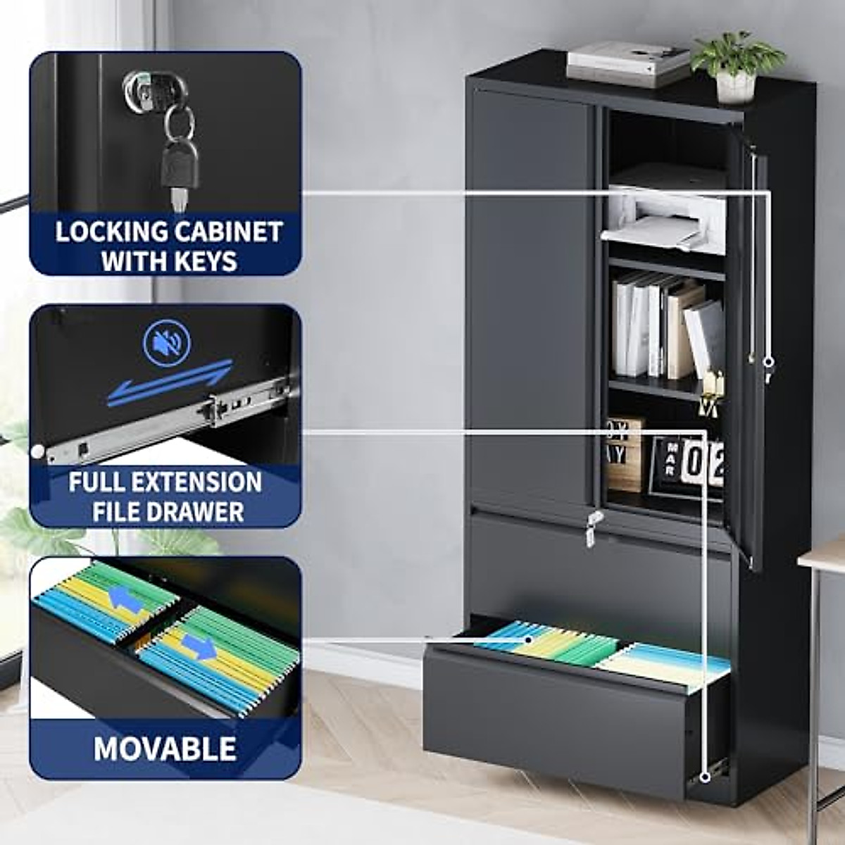 Yizosh Metal Storage Cabinet with 2 Drawers - 71" Steel Lockable File Cabinet for Home Office, Locking Cabinet with 2 Doors and 2 Shelves for Living Room, Pantry, Gym, Commercial Storage