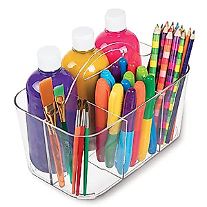 mDesign Plastic Portable Craft Storage Organizer Caddy Tote, Divided Basket Bin with Handle for Crafts, Sewing, Art Supplies - Holds Brushes, Colored Pencils - Lumiere Collection - 2 Pack - Clear