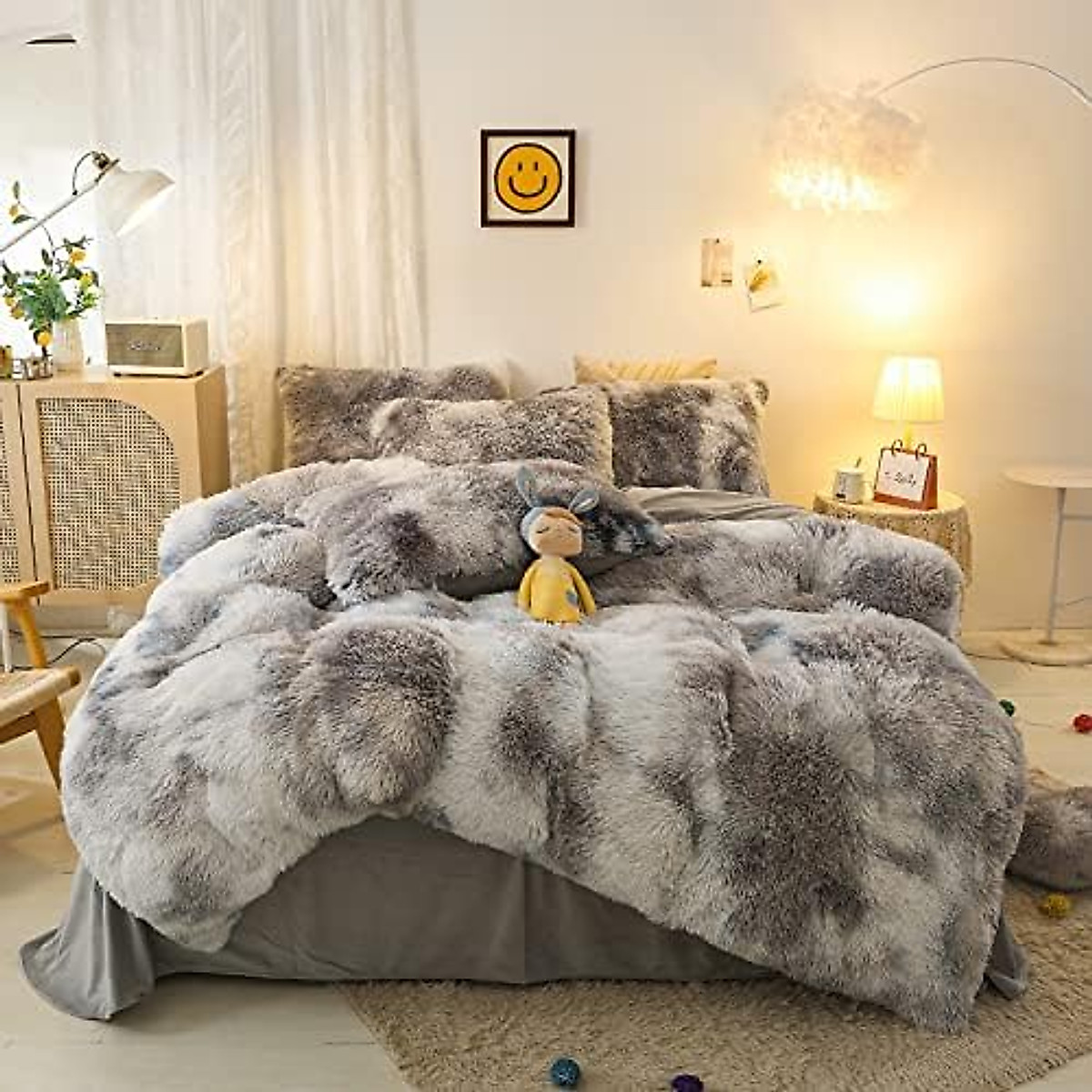 Jameswish Shaggy Plush Duvet Cover Set Super Soft Fluffy Faux Fur Comforter Cover Set Luxury Fuzzy Bedding Set 3 Piece(1Duvet Cover+2Pillowcases) with Zipper Closure(Queen Size,Gray White Ombre)