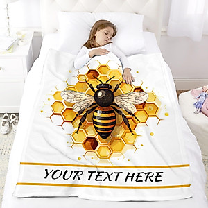 CUSPILO Bee Blanket with Name, Personalized Throw Blanket for Kids Boys, Fuzzy Soft Blanket Microfiber, 40"" x 50""