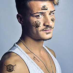 Konsait 130+ Tiny Pirate Temporary Tattoos, Black Viking Pirate Fake Tattoos Body Art Stickers for Girls Boys Kids Party Bag Filler Children's Birthday Gift Pirate Party Supplies Favors Face Hand Arm