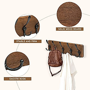 NicQliear Wall Mounted Coat Rack - Metal Coat Hooks Hanger with Pine Solid Wood Board, 5 Triple Black Literary Rustic Hooks Rail Wall Mount for Hanging Coats, Clothes, Bags, Hat, Towel
