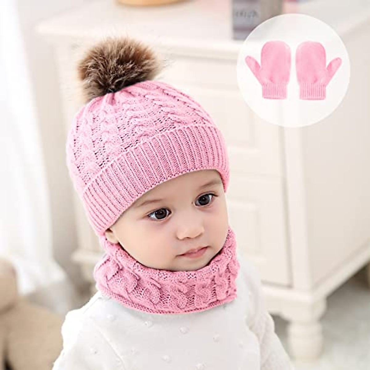 3PCS Baby Winter Hat Scarf Gloves Set Kids Knitted Beanie Cap Neck Warmer Mitten for Boys Girls 0-4Years (Pink)