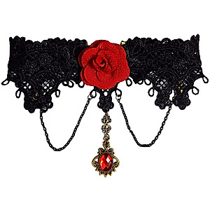 maikun Black Lace Choker Necklace Halloween Costume Jewelry Set with Bracelet Earrings, Punk Party Gothic Lolita Red Flower Rose Beads Vintage Retro choker Wristband for Women
