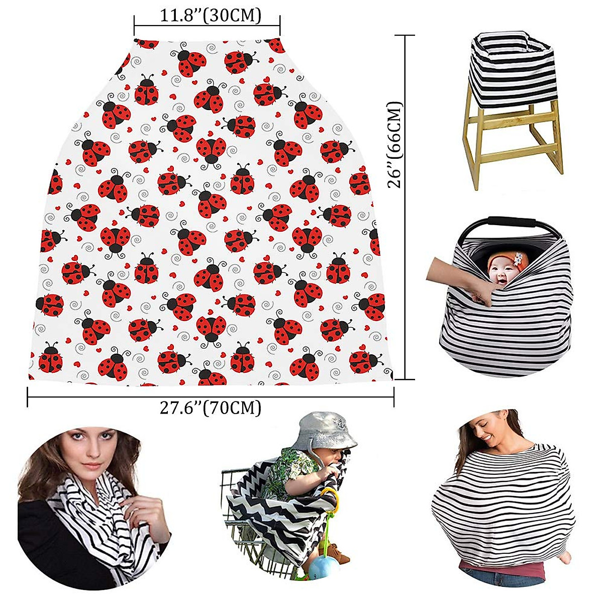 Nursing Cover for Breastfeeding Scarf Super Soft Cotton Multi Use for Baby Car Seat Covers Canopy Shopping Cart Cover Blanket Stroller Cover-Cartoon Ladybug Pattern