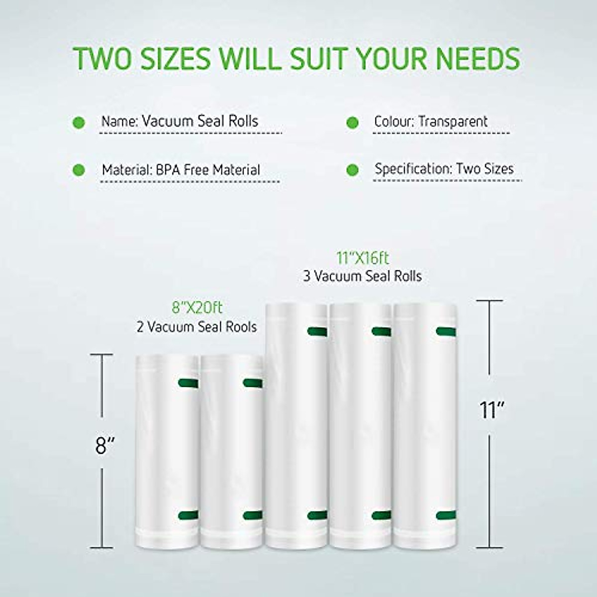 VIVOSUN Vacuum Sealer Rolls (3 Rolls 11”x16’ and 2 Rolls 8”x20’) for Food Saver, Seal a Meal, Commercial Grade Rolls for Sous Vide, BPA Free