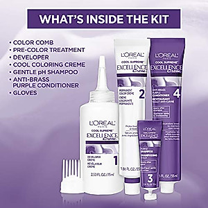 L'Oreal Paris Excellence Cool Supreme Permanent Hair Color, Ash, 100 Percent Gray Coverage Hair Dye, Anti-Brass regimen includes gentle shampoo, and an anti-brass conditioner