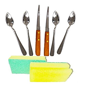 Four (4) Grapefruit Spoons and Two (2) Grapefruit Knives, Stainless Steel, Serrated Edges With BONUS Sponges