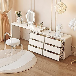 HOTICKME White Makeup Vanity Set, Modern Makeup Vanity with LED Mirror, Vanity Desk with Chair & Drawers & Cabinet, Dressing Table for Girls, Bedroom Dresser