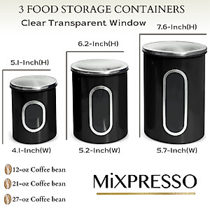 MiXPRESSO 3 Piece Black Canisters Sets For The Kitchen, Kitchen Jars With See Through Window | Airtight Coffee Container, Tea Organizer, And Sugar Canister, Kitchen Canisters Set of 3 (Black)