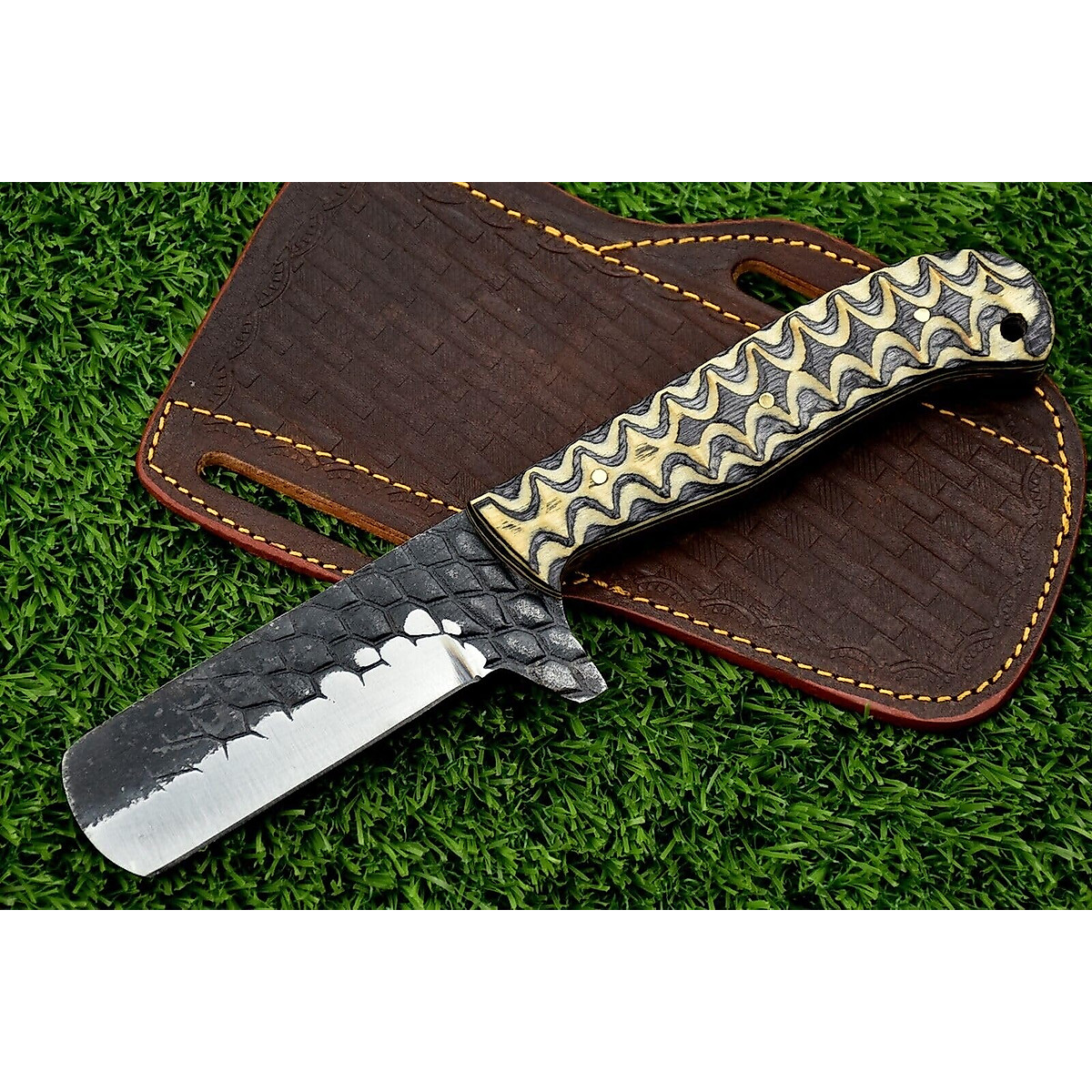 Carbon steel blade Bull cutter knife, 8.5 inches long knife with Leather sheath, Multi color Micarta scale Jigged with sturls, Embossed carbon steel blade, Embossed Leather sheath with belt loop (Black and Beige)