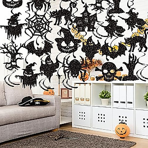 30 Pieces Halloween Hanging Swirls Decorations Halloween Hanging Ceiling Streamers Black Glitter Spooky Hanging Decorations for Halloween Party Haunted House Decor