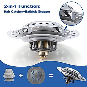 Upgraded Tub Stopper with Hair Catcher - 2 in 1 Pop Up Bathtub Stopper, Brass Tub Drain Stopper with Anti-Clogging Strainer, Tub Drain Plug with Metal Hair Trap, Only Fit for 1.65-2 Inch, Chrome